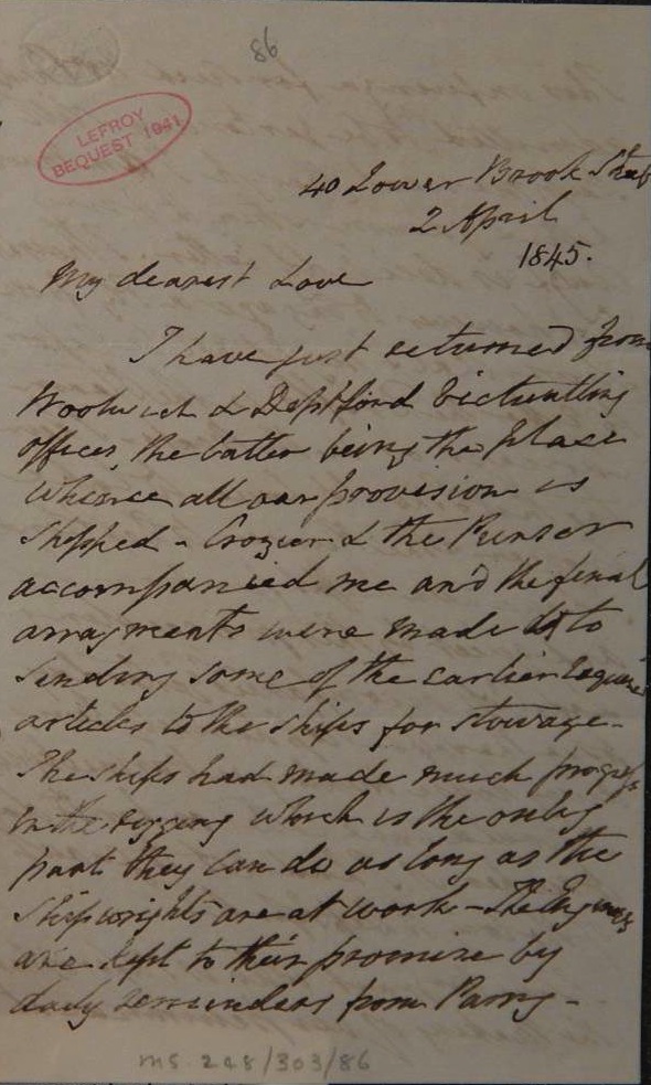 Sir John Franklin Letter to Lady Jane Franklin