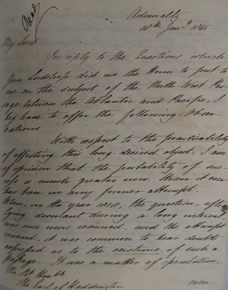 Sir Edward Parry Opinion to Lord Haddington [Regarding the Arctic ...